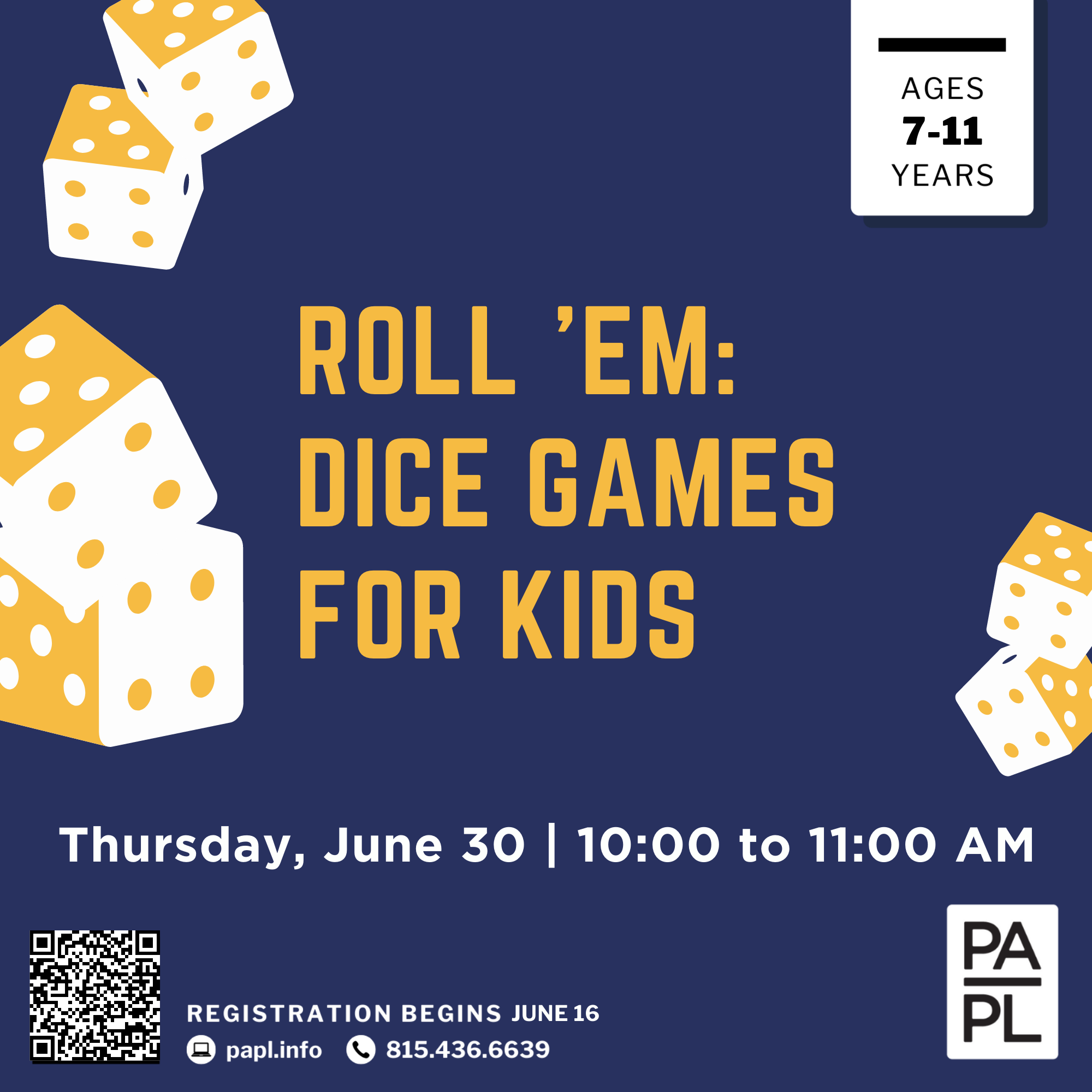 Roll 'em: Dice Games for Kids | Plainfield Area Public Library